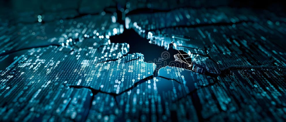 Digital Leak: Cracked Screen Exposing Binary Secrets. Concept ...