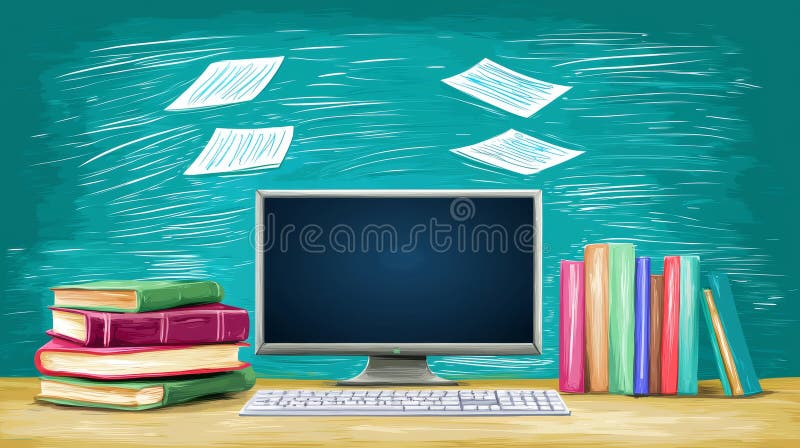 Digital Learning Education Concept with Computer Books and Floating ...