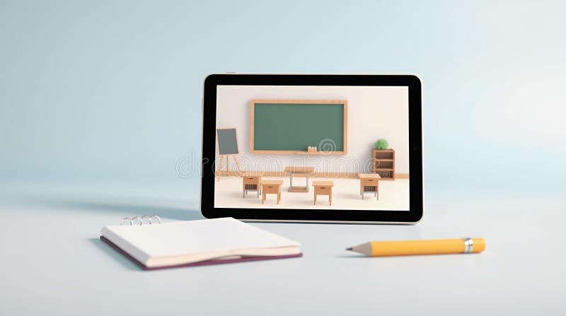 Digital Learning Environment on Tablet Screen with Virtual Classroom Interior, Notebook and ...