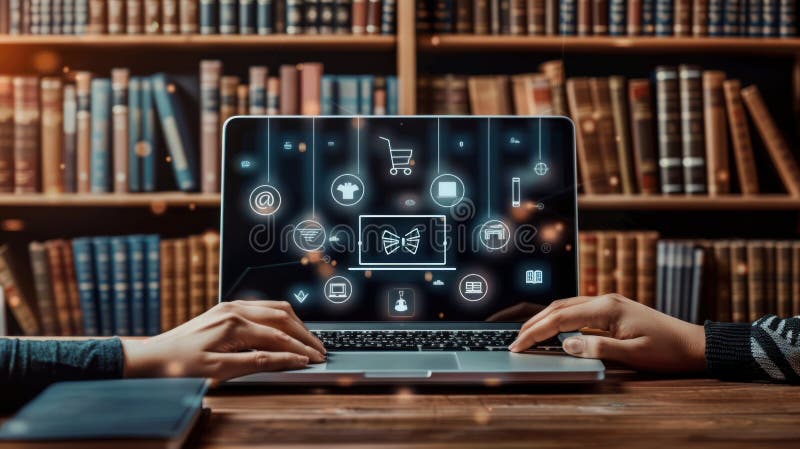 Digital Learning Icons Displayed on a Laptop Screen in a Library. E ...