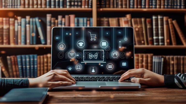 Digital Learning Icons Displayed on a Laptop Screen in a Library. E ...