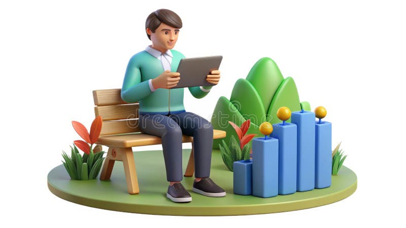 Digital Learning: Man with Tablet Analyzing Data on Park Bench Stock ...