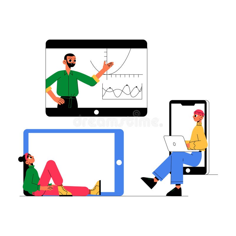 Digital Learning Platforms with Students and Teacher in Flat Vector ...