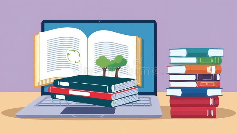 Digital Library Concept with Open E-book on Laptop Screen and Stacked ...