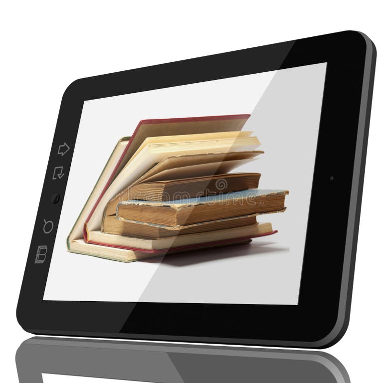 Digital Library Concept - Tablet Computer and Open Book on Scree Stock ...