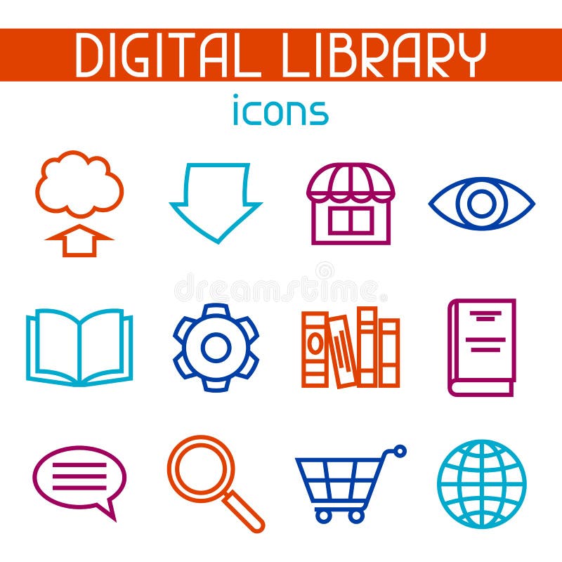 Digital Library Icon Set. E-books, Reading and Downloading Stock Vector ...