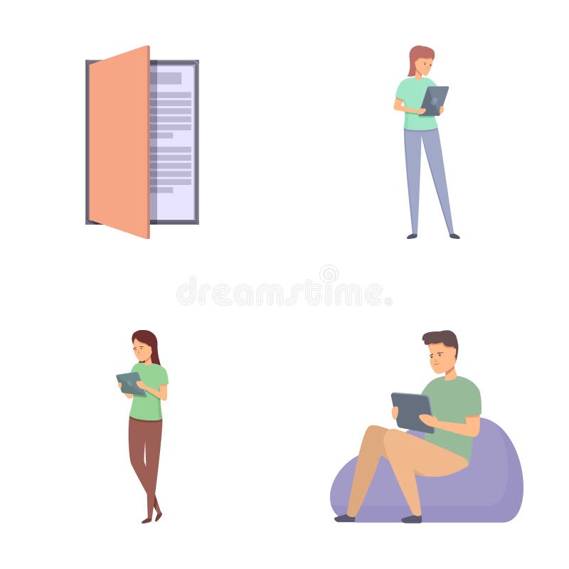 Digital Library Icons Set Cartoon Vector. People Reading Book in Online ...