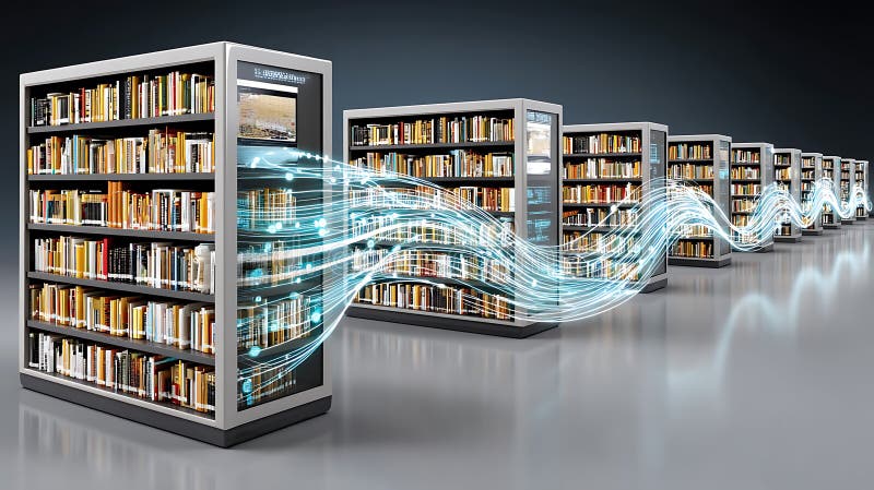 Digital Library Network Data Transfer Concept Futuristic Bookshelves Abstract Technology Stock ...