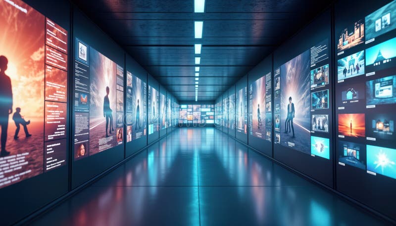 Digital Library with Screens Showing Images Documents, Videos. Modern ...