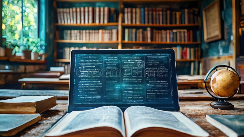 A Digital Library with Shelves Full of Books, Featuring a Large Digital ...