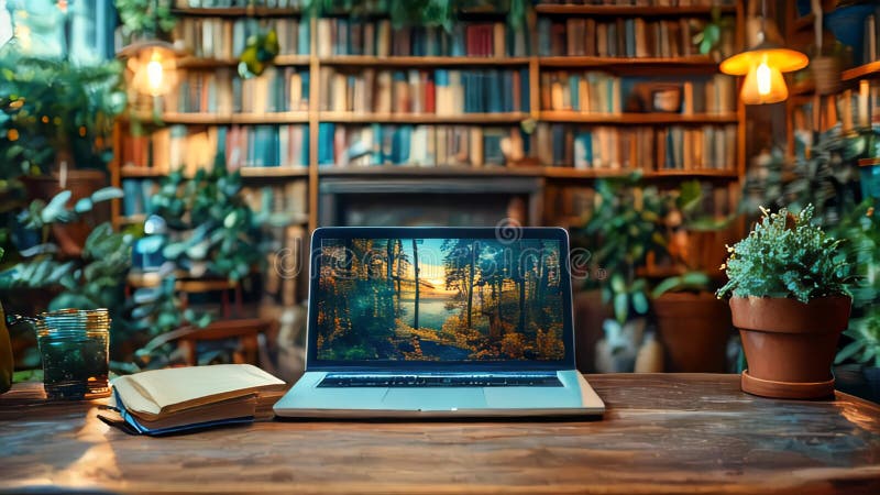 A Digital Library with Shelves Full of Books, Featuring a Large Digital ...