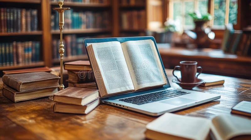 A Digital Library with Shelves Full of Books, Featuring a Large Digital ...