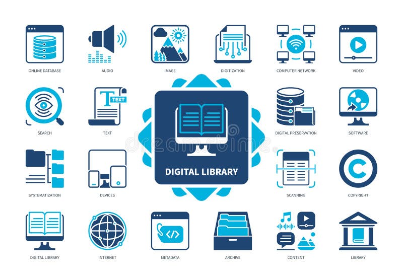 Digital Library Solid Icon Set Stock Illustration - Illustration of ...