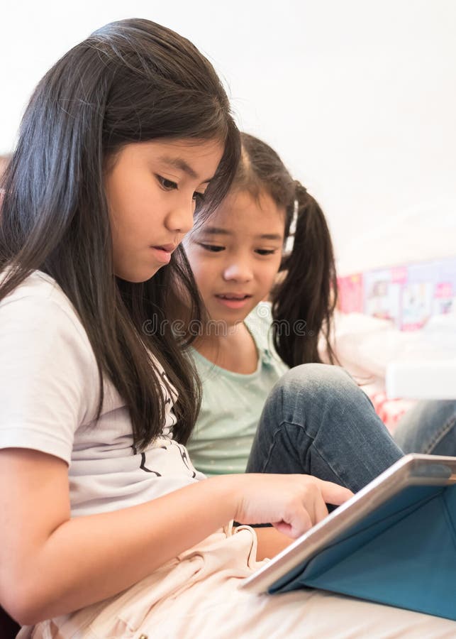 Digital Lifestyle School Girl Kid Students Using Wireless Internet ...