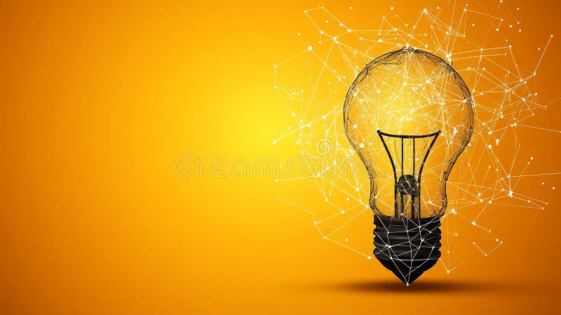 Digital Light Bulb, Connected Dots and Triangles on Yellow Background ...