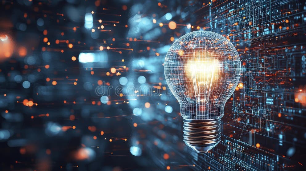 A Digital Light Bulb in a Futuristic Tech Setting Stock Illustration ...