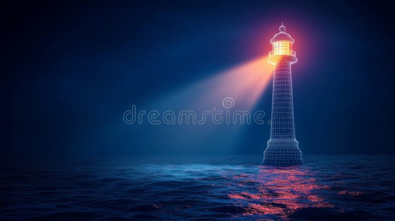 Digital Lighthouse with Glowing Light Beam Over Dark Ocean Stock Photo ...