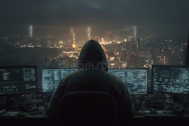 Masked Hacker Operates in Dark Control Room Overlooking Electric ...