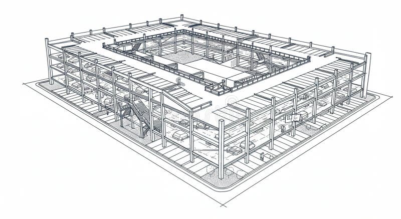 A Digital Line Drawing Depicts a Multi-level Parking Structure. the ...