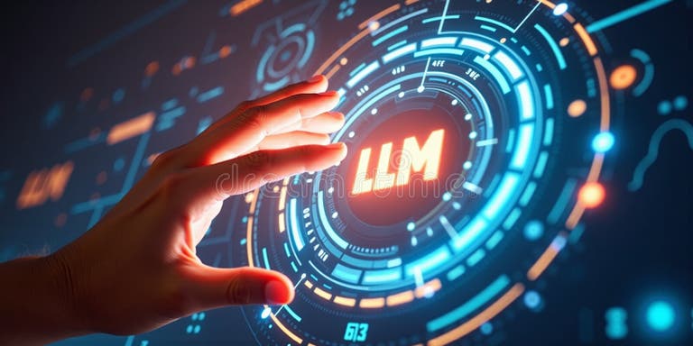 Hand Touching Glowing LLM Icon and Business Analytics Interface Stock ...