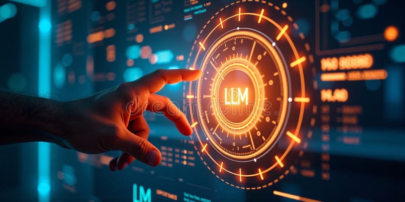 Hand Touching Glowing LLM Icon and Business Analytics Interface Stock ...