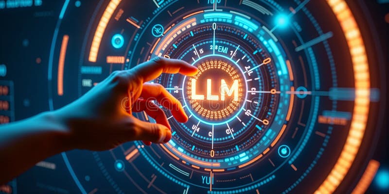 Hand Touching Glowing LLM Icon and Business Analytics Interface Stock ...