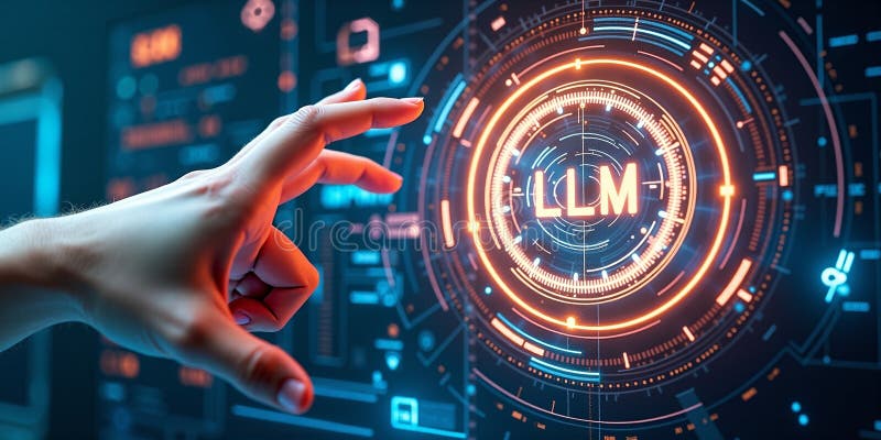 Hand Touching Glowing LLM Icon and Business Analytics Interface Stock ...