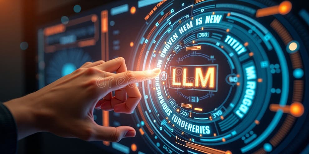 Hand Touching Glowing LLM Icon and Business Analytics Interface Stock ...