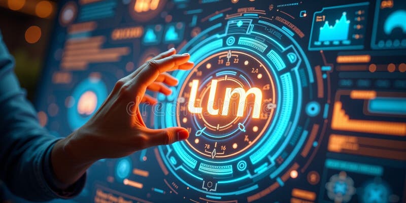 Hand Touching Glowing LLM Icon and Business Analytics Interface Stock ...