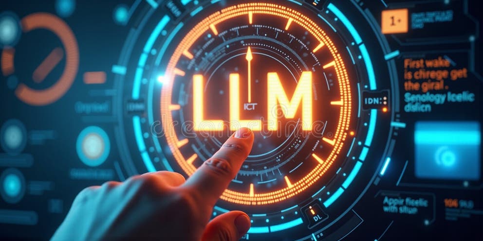 Hand Touching Glowing LLM Icon and Business Analytics Interface Stock ...