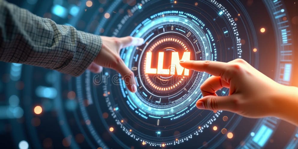 Hand Touching Glowing LLM Icon and Business Analytics Interface Stock ...