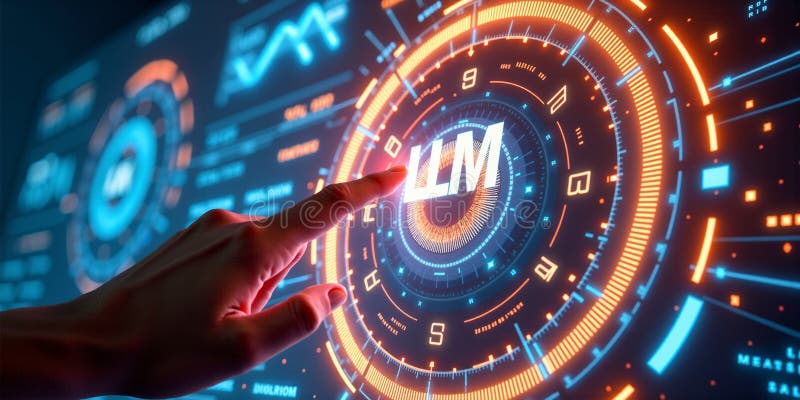 Hand Touching Glowing LLM Icon and Business Analytics Interface Stock ...