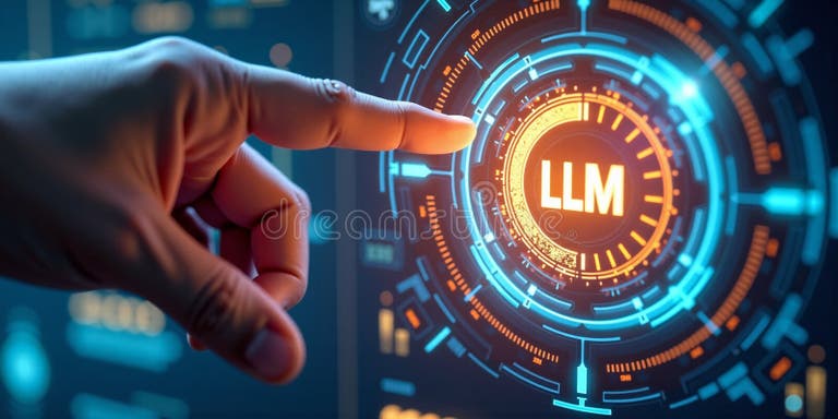 Hand Touching Glowing LLM Icon and Business Analytics Interface Stock ...