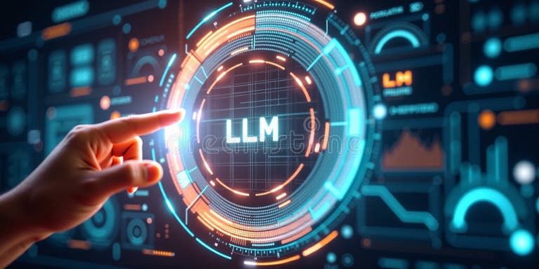 Hand Touching Glowing LLM Icon and Business Analytics Interface Stock ...