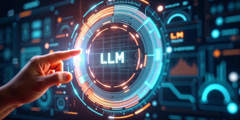 Hand Touching Glowing LLM Icon and Business Analytics Interface Stock ...