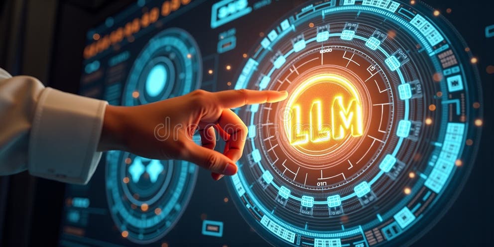 Hand Touching Glowing LLM Icon and Business Analytics Interface Stock ...