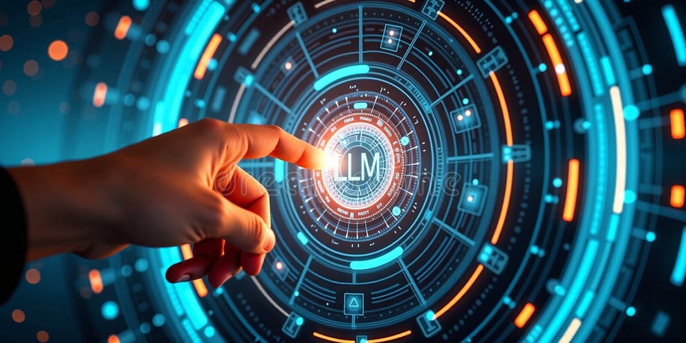 Hand Touching Glowing LLM Icon and Business Analytics Interface Stock ...