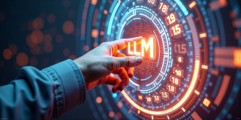 Hand Touching Glowing LLM Icon and Business Analytics Interface Stock ...