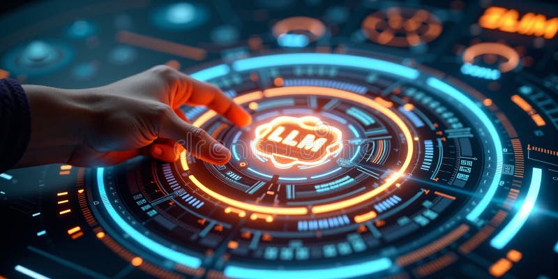 Hand Touching Glowing LLM Icon and Business Analytics Interface Stock ...