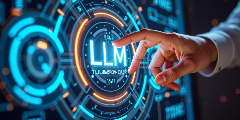 Hand Touching Glowing LLM Icon and Business Analytics Interface Stock ...