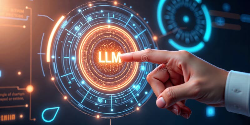 Hand Touching Glowing LLM Icon and Business Analytics Interface Stock ...