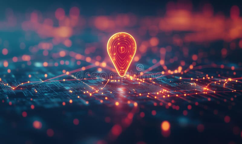 Digital Location Pin Glowing on Network Map with Connections and Data ...