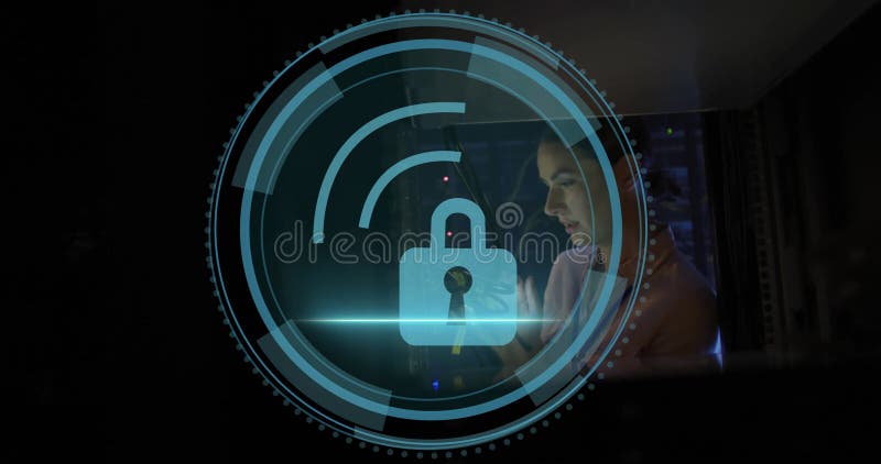 Digital Lock Animation Over Person Working with Technology Equipment in ...