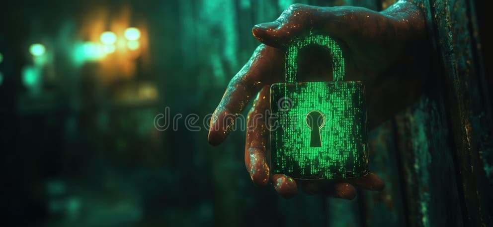 Digital Lock with Binary Code Held by a Mysterious Hand in a Dimly Lit ...