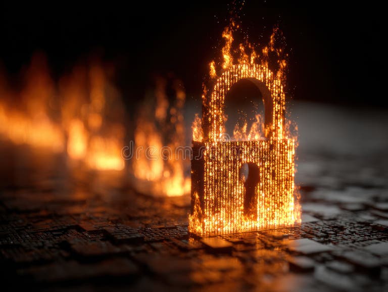 Digital Lock Burning with Fiery Code Symbolizing Cybersecurity Threat ...