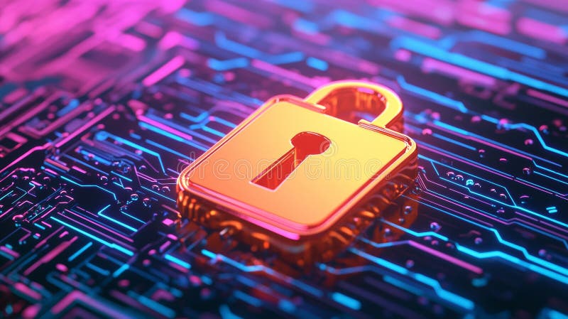 Digital Lock on Circuit Background with Neon Glow Stock Illustration ...