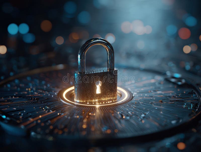 Digital Lock on a Circuit Board Background, Glowing with Networked Data ...