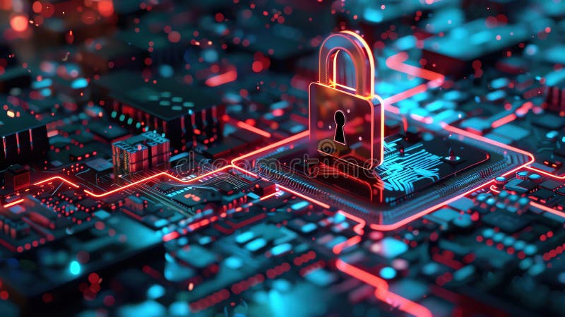 Digital Lock on Cybersecurity Circuit Board. Generative AI Illustration ...