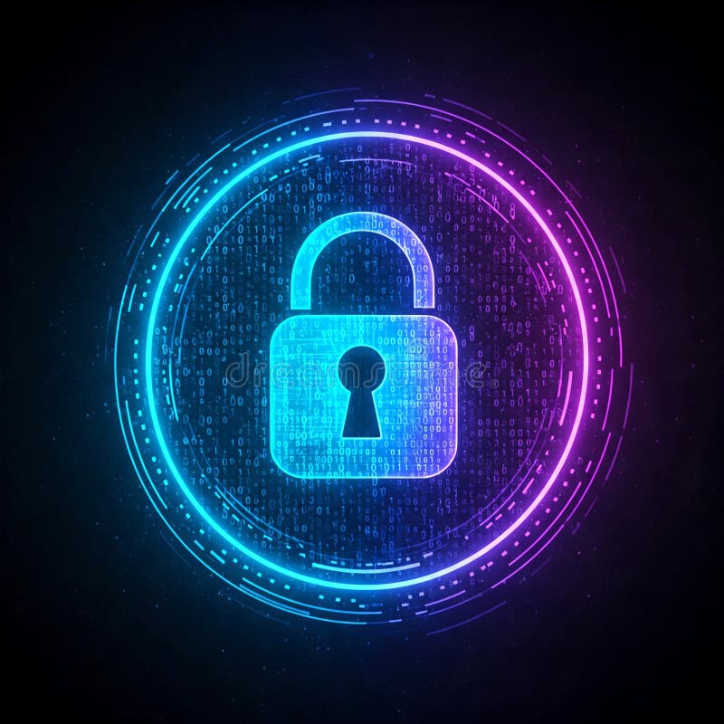 Neon Glowing Digital Lock Cybersecurity Symbol - AI Stock Illustration - Illustration of access ...