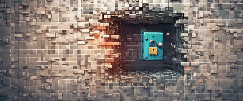 A Digital Lock on a 3D Pixelated Wall Disintegrate.created with the ...